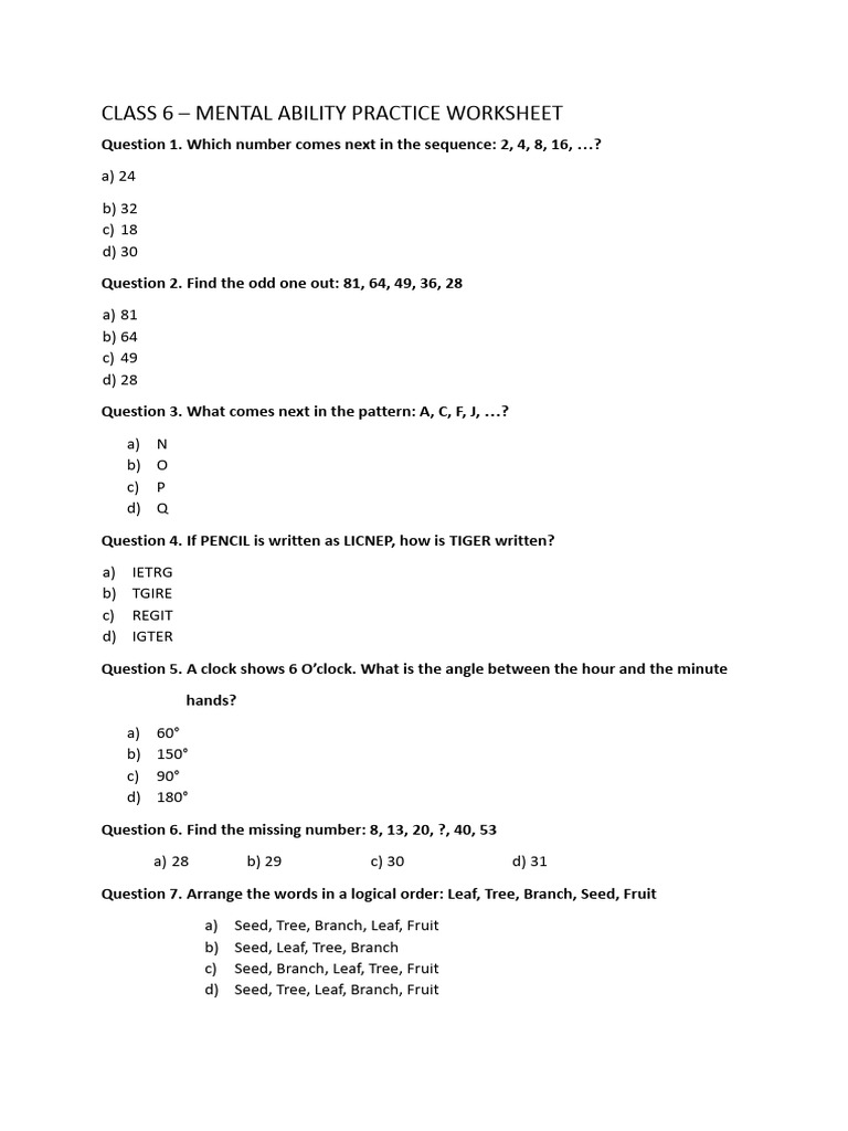 Class 6 Mental Ability Worksheet | PDF