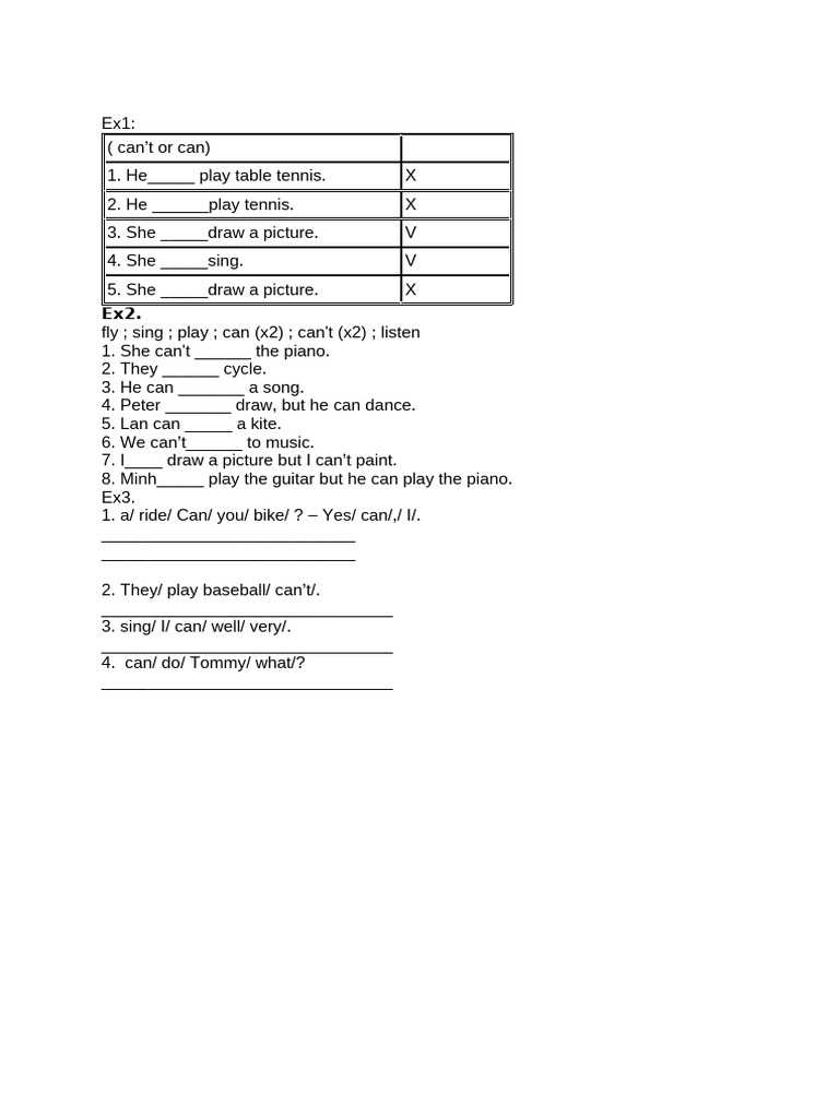 Can vs Can't: Practice Exercises | PDF