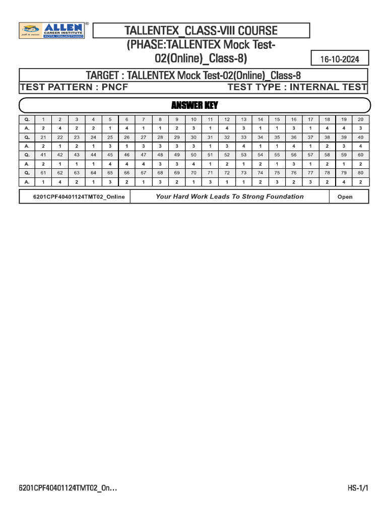 08 Tallentex Mock Test-02 (Online) 16-10-24 AK | PDF
