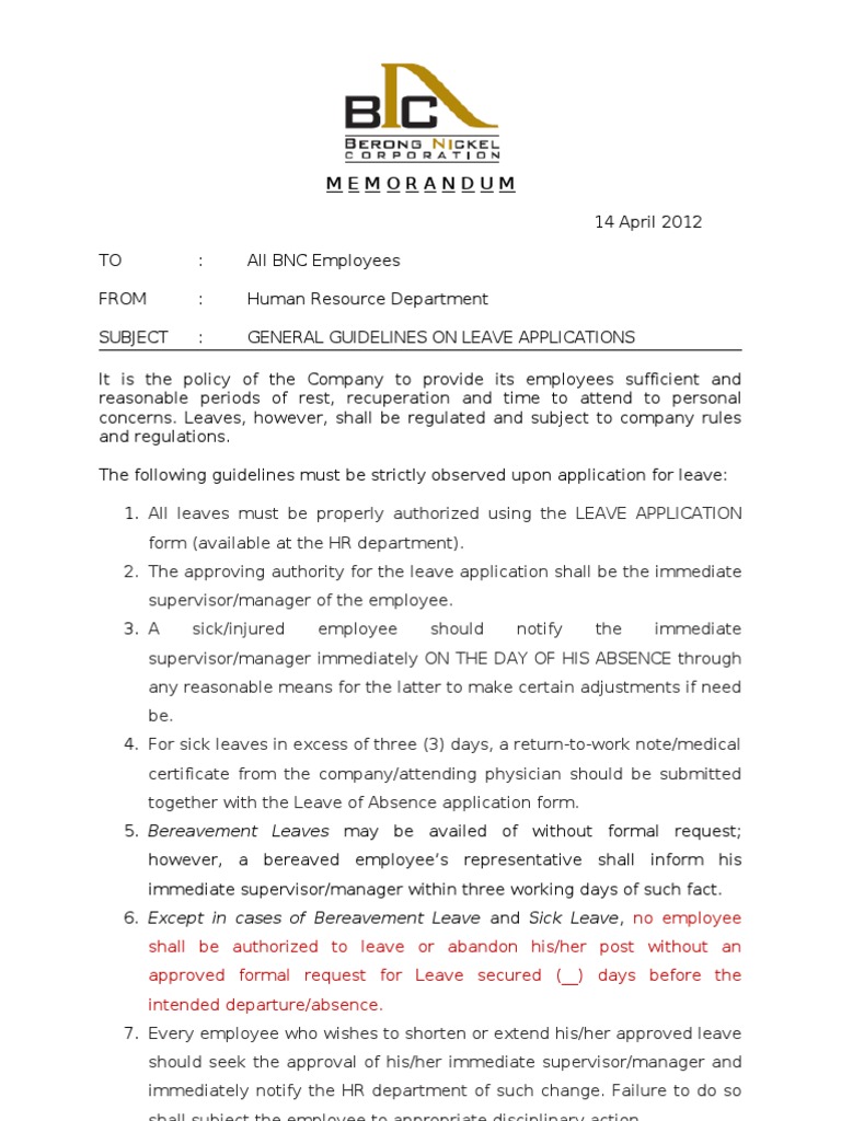 Memo On Leave | PDF | Leave Of Absence | Social Institutions