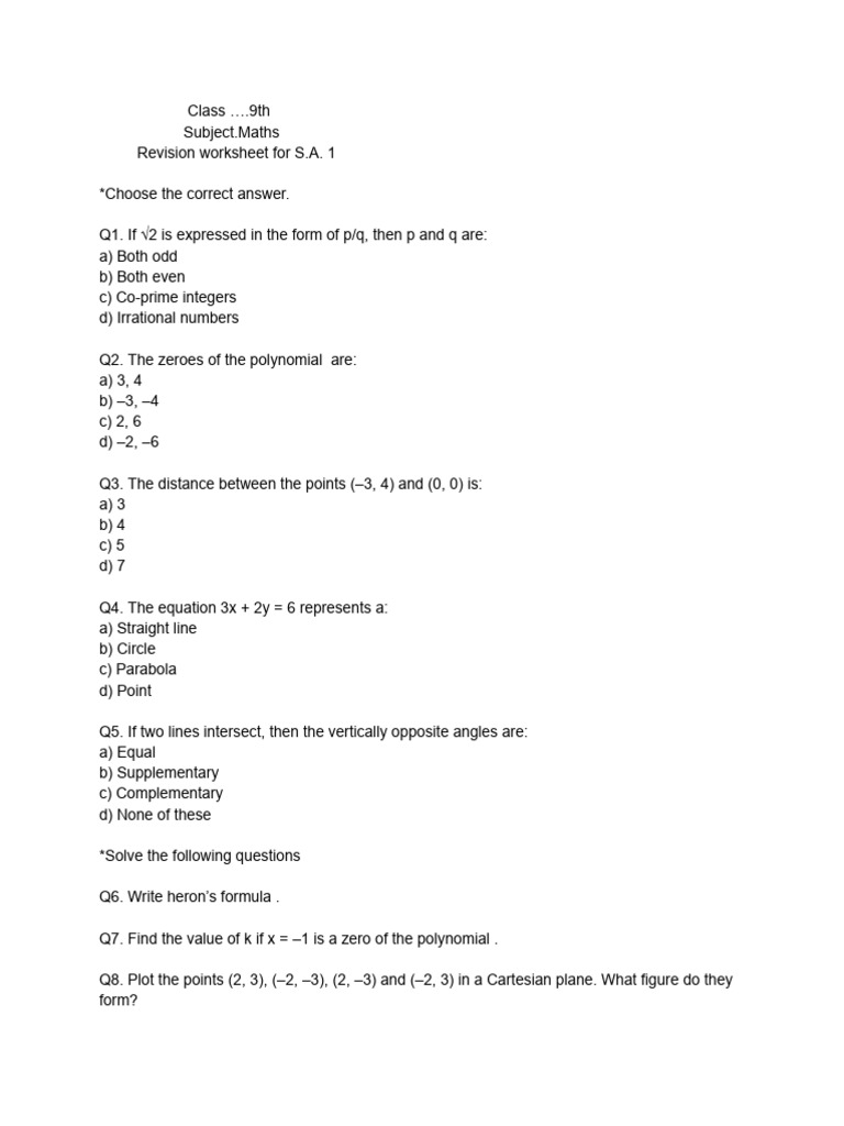 Class 9 Maths Revision Worksheet | PDF