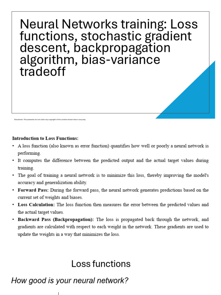 Neural Networks Training Loss Functions, Stochastic Gradient Descent, Backpropagation Algorithm ...
