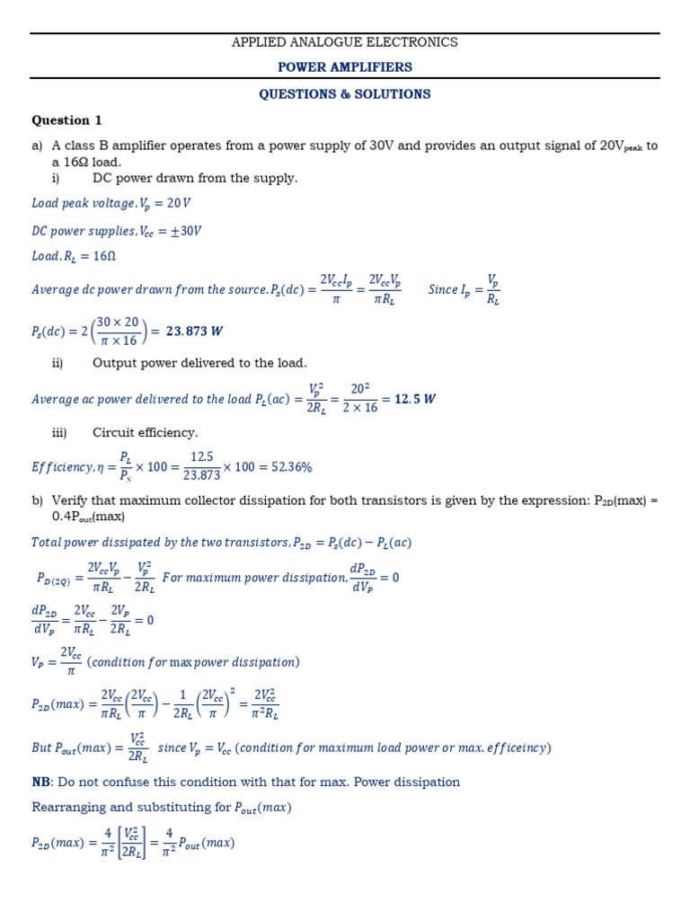 Class B Amplifier Questions & Solutions | PDF | Amplifier | Operational ...