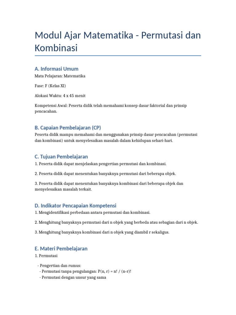 Pembelajaran Permutasi dan Kombinasi | PDF