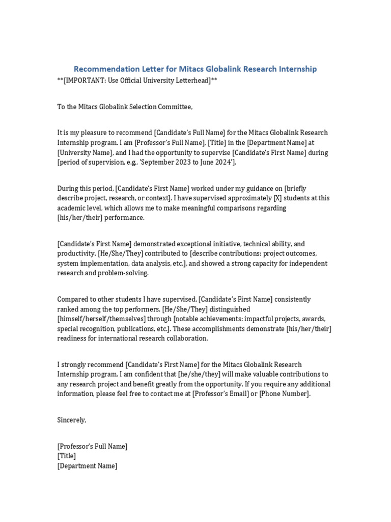 Mitacs GRIP Recommendation Letter Template Fluid | PDF