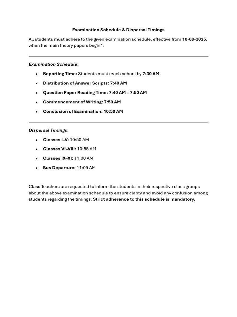 First Term Examination Schedule & Dispersal Timings 2025 | PDF