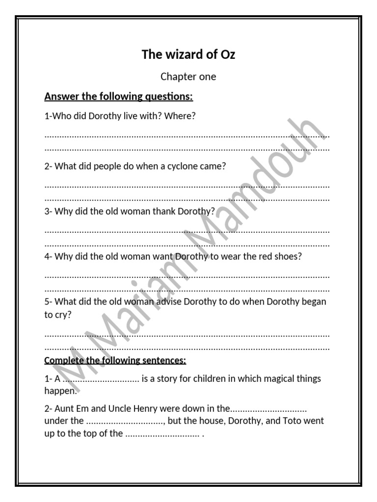 Wizard of Oz Chapter One Questions | PDF
