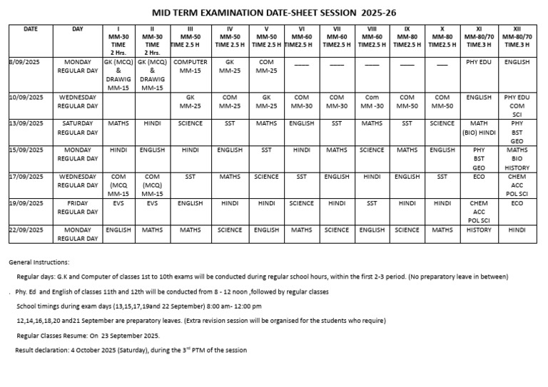 Mid Term Examination Date Sheet 2025-26..... | PDF