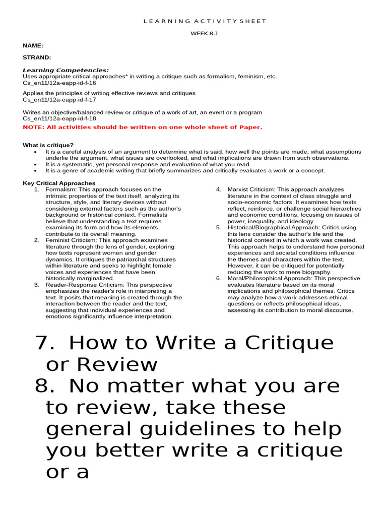 Guide to Writing Effective Critiques | PDF | Composition (Visual Arts ...