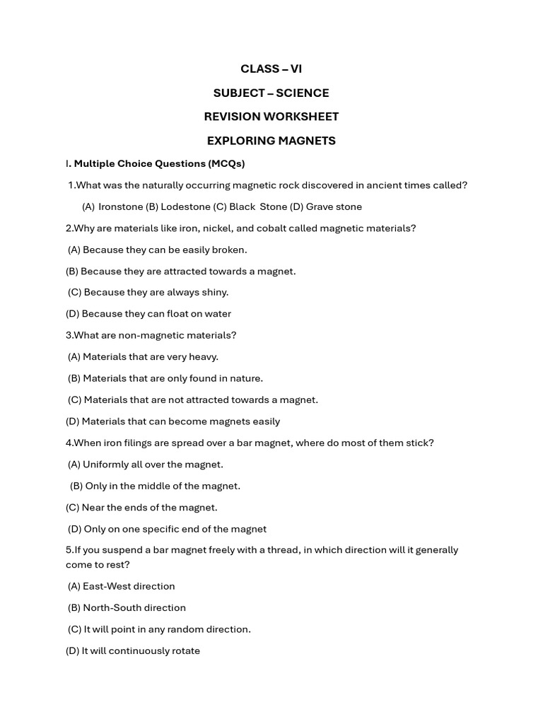 Class VI Science: Exploring Magnets Worksheet | PDF | Magnet | Physical ...