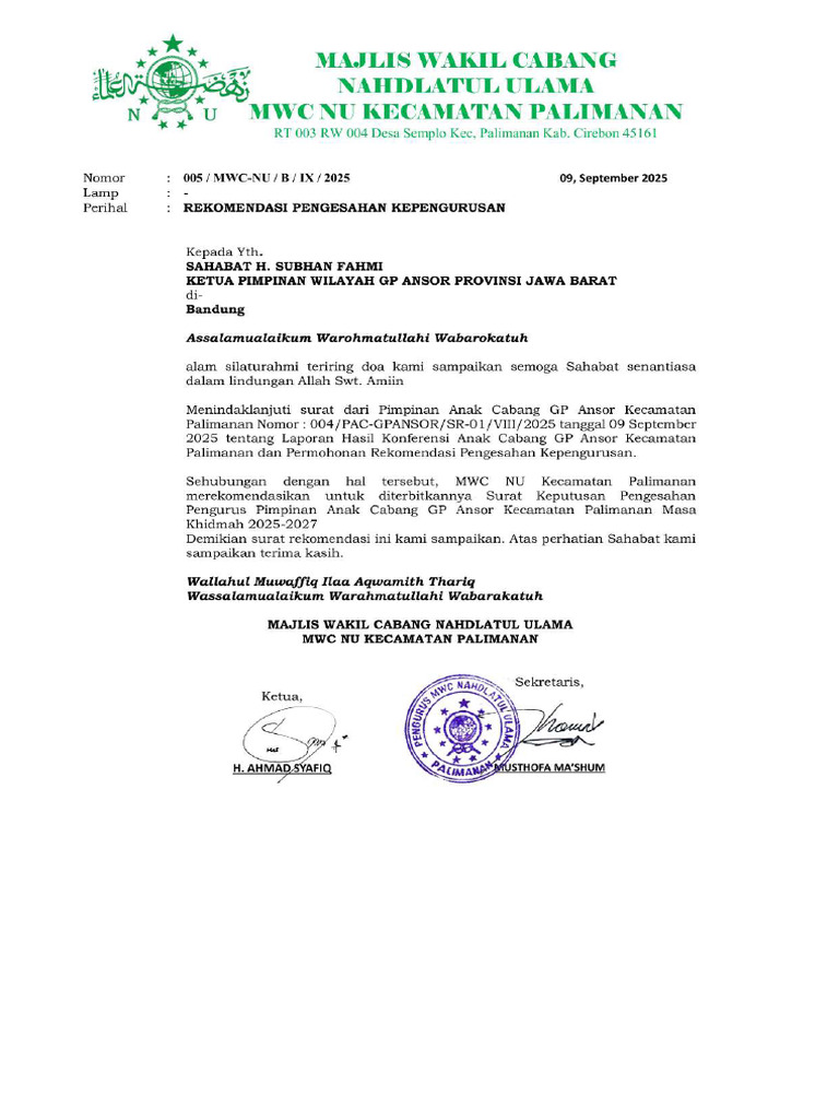 Surat Rekomendasi MWC NU Palimanan SK PAC | PDF