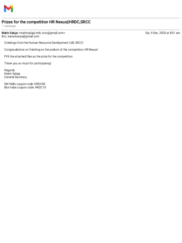 Gmail - Prizes For The Competition HR Nexus - HRDC, SRCC | PDF