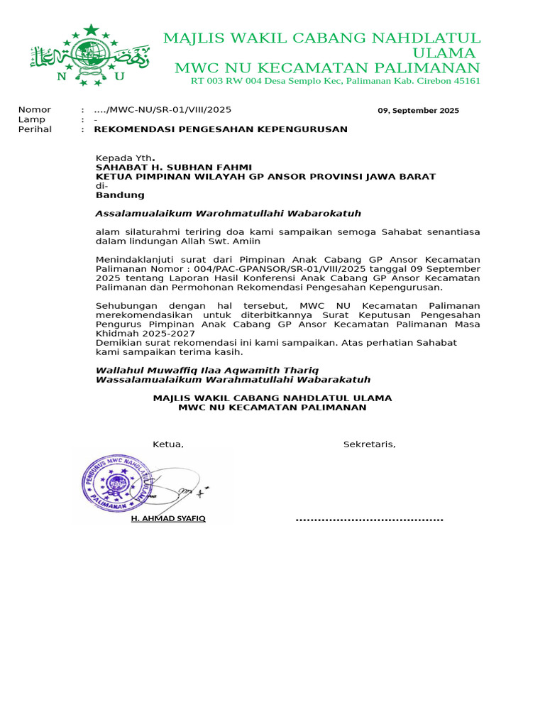 Surat Rekomendasi MWC NU Palimanan SK PAC | PDF