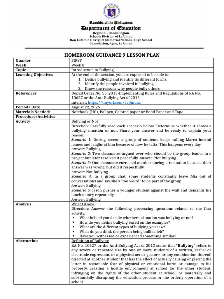 Bullying Awareness Lesson Plan | PDF | Bullying | Psychological Concepts