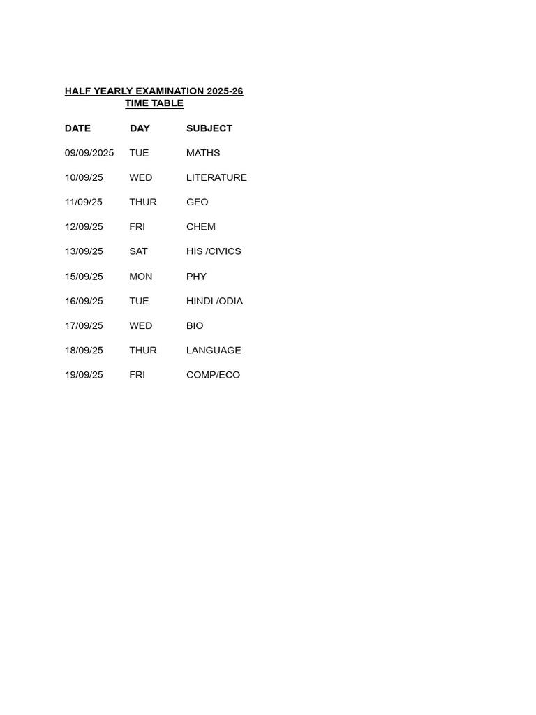 Class 10 Half Yearly Exam Timetable 2025-26 | PDF