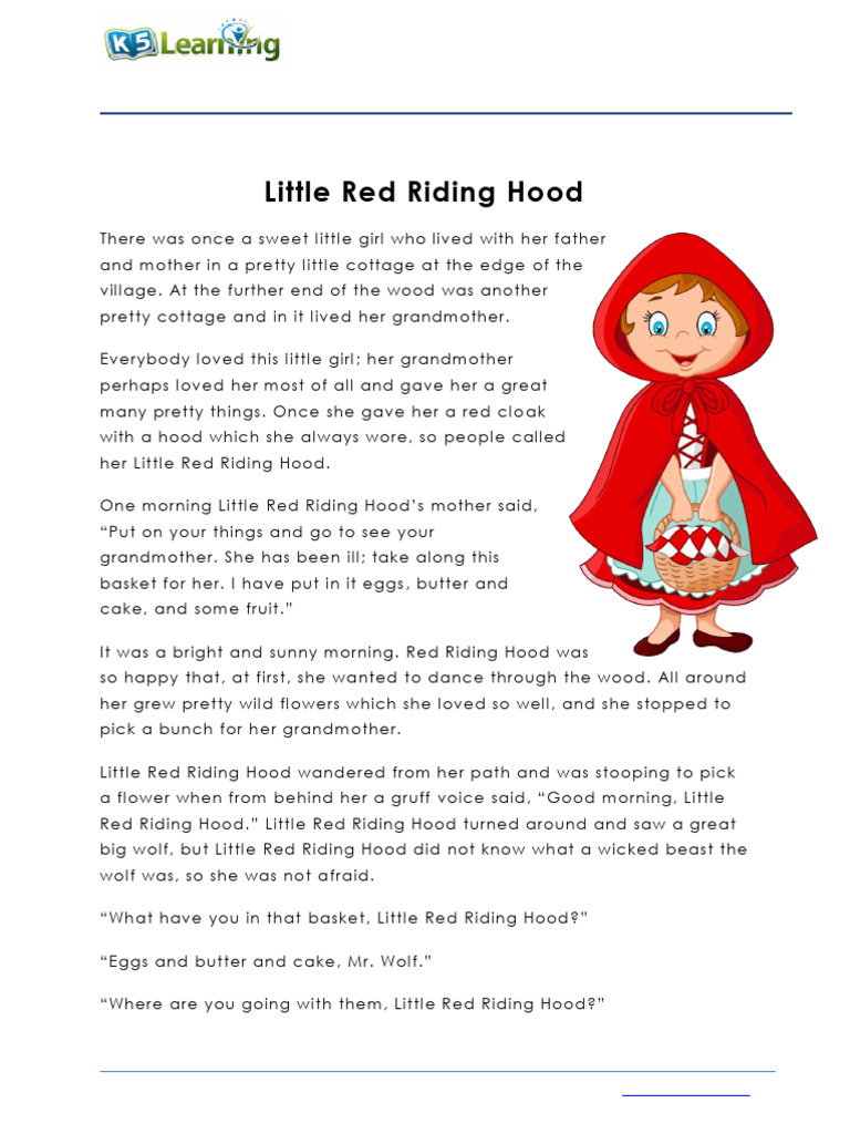 Reading Comprehension Worksheet and Kid's Fable - Little Red Riding ...