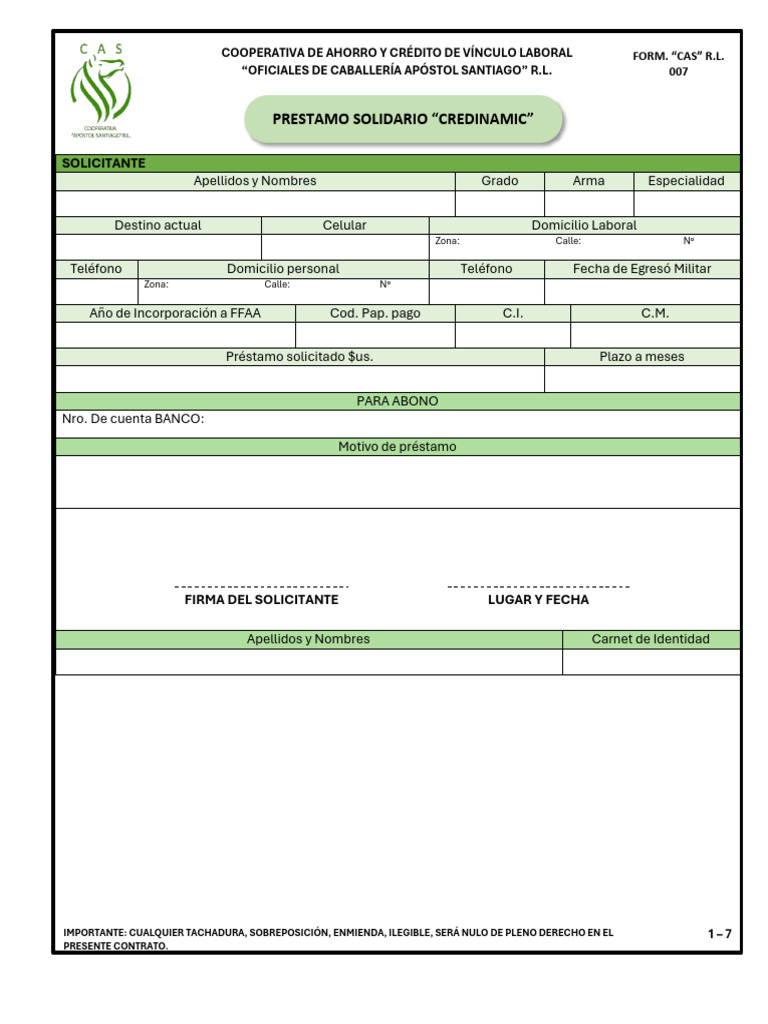 Form. 007 Prestamo Solidario Credinamic - 2025 | PDF | Pagos | Préstamos