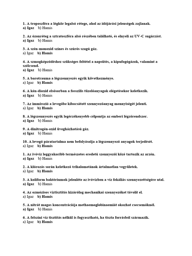 Környezet Igaz-Hamis Kérdés Típusok | PDF