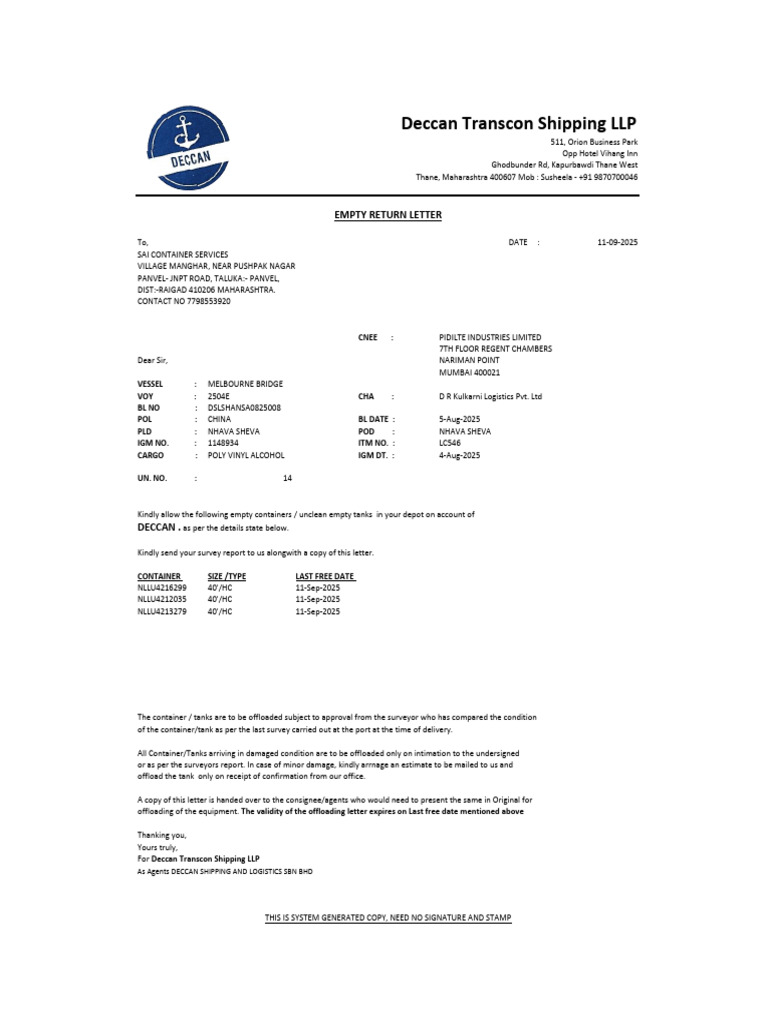 Empty Container Return Request Letter | PDF