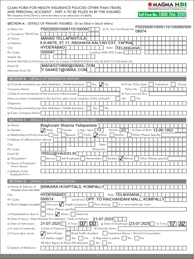 Magma Health Insurance Claim Form Part A | PDF | Insurance | Hospital