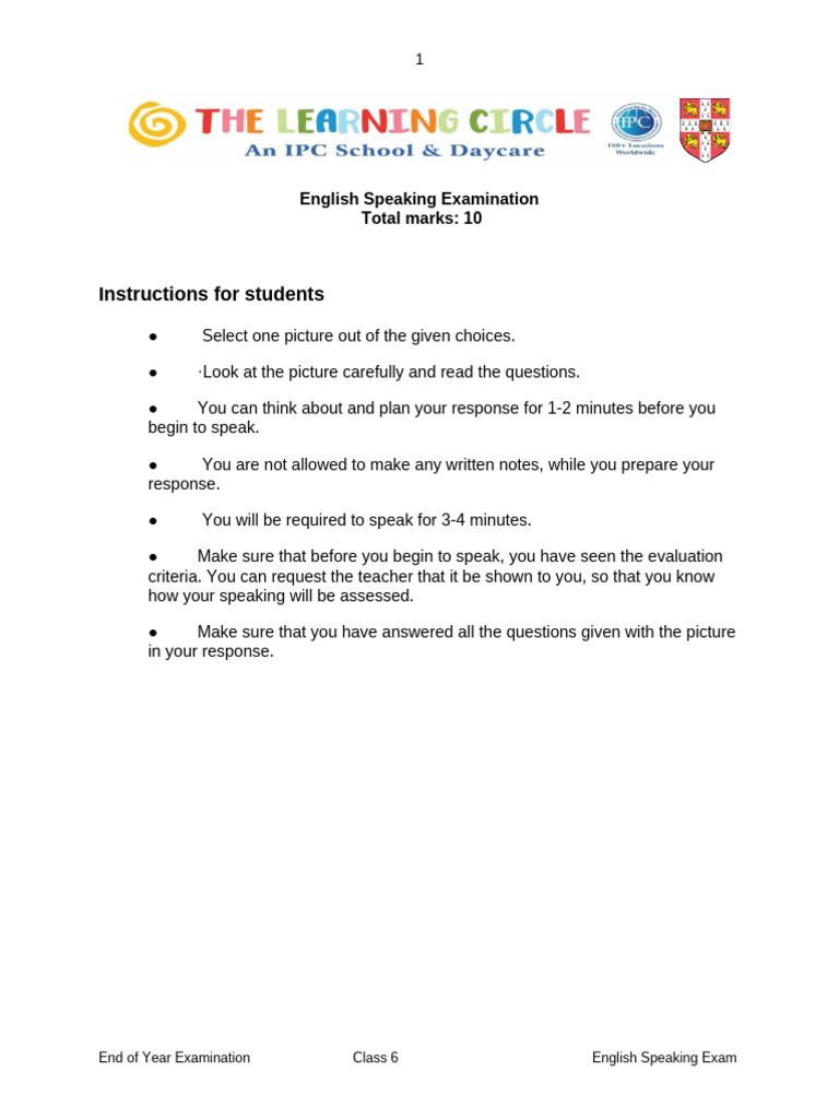 Class 6 English Speaking Exam Guide | PDF