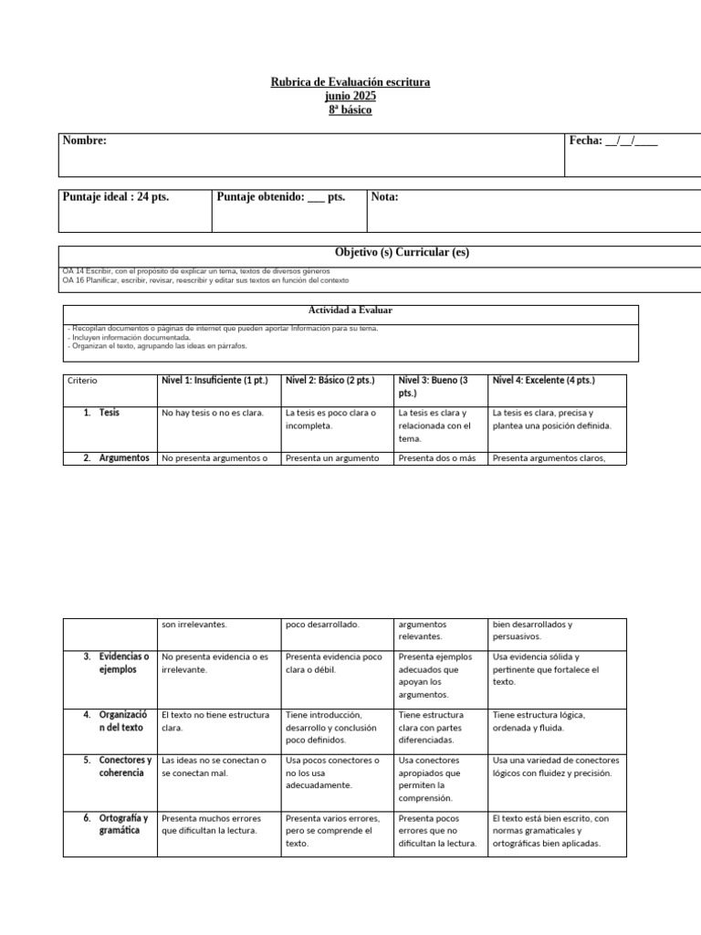 Rubrica de Evaluación de Escritura 8º y 7º Básico | PDF | Comunicación ...