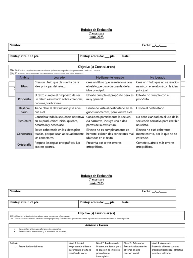 Rúbrica de Evaluación para Escritura 6º | PDF | Puntuación | Ortografía