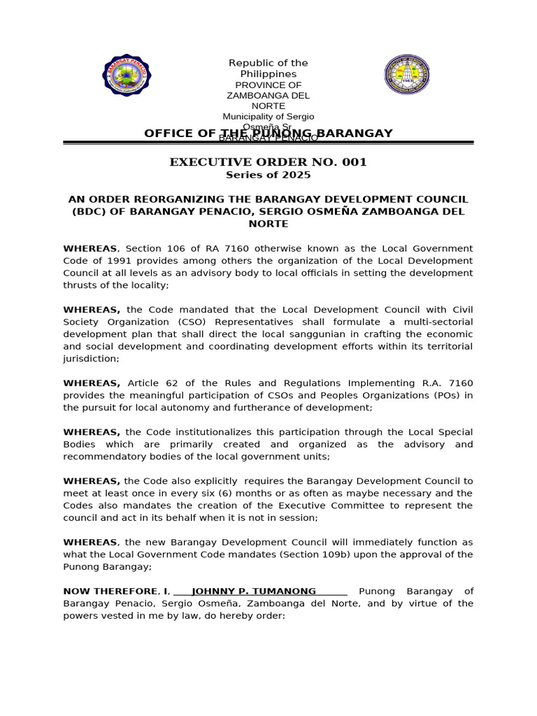 Executive Order No. 001-2025 (BDC) | PDF | Legal Documents | Justice