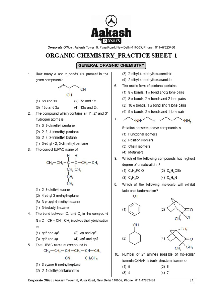 Organic Chemistry Practice Sheet 1 | PDF | Stereochemistry | Physical ...