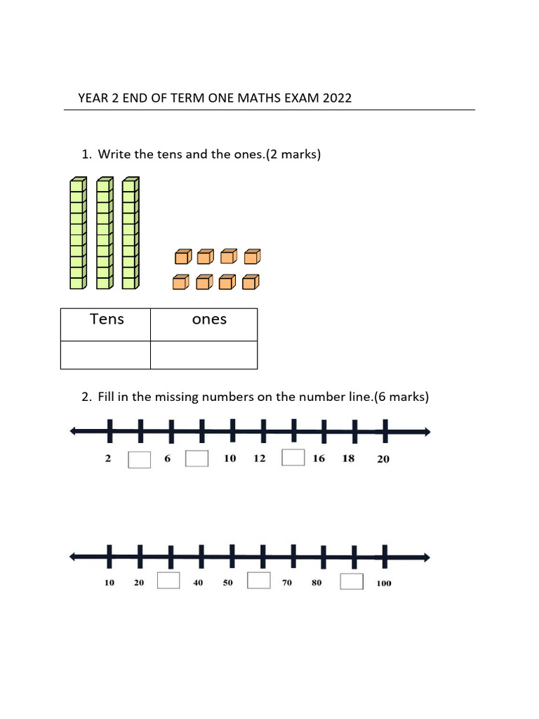 Year 2 End of Term One Maths Exam 2022 | PDF