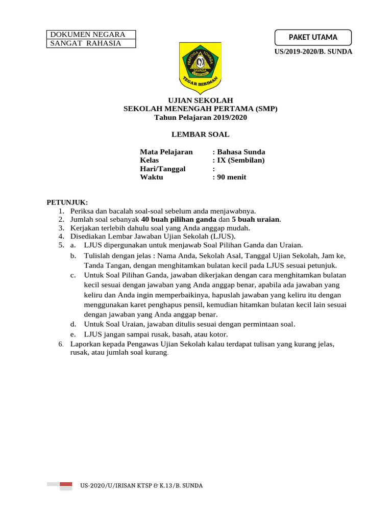 Soal Us B. Sunda (19-20) Utama | PDF