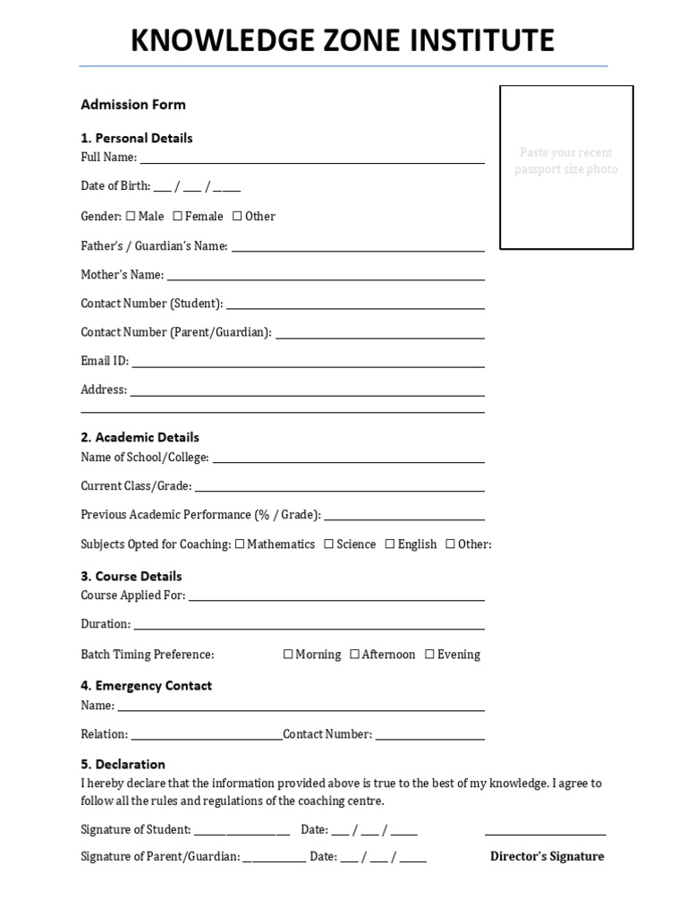 Knowledge Zone Institute Admission Form | PDF