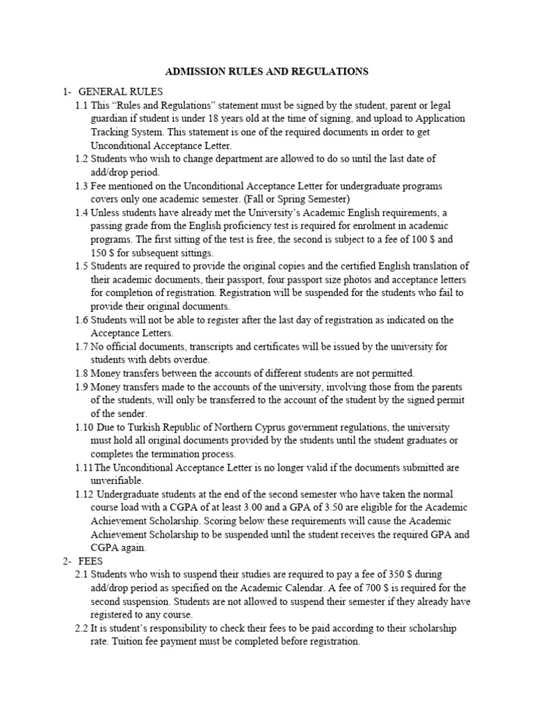 Admission Rules and Regulations | PDF | Fee | Travel Visa