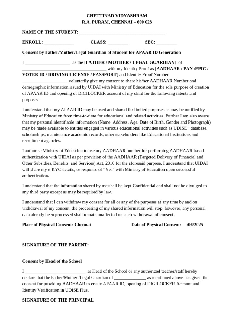 APAAR ID Consent Form-1 | PDF | Authentication | Government And Personhood