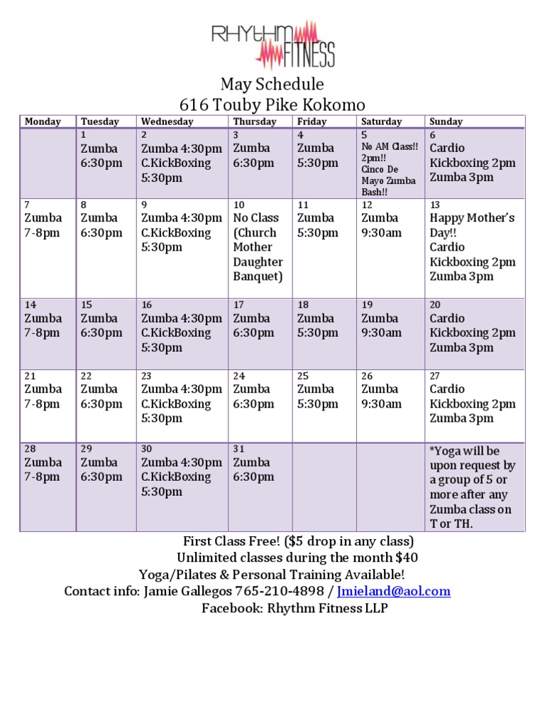May Zumba & Kickboxing Schedule | PDF