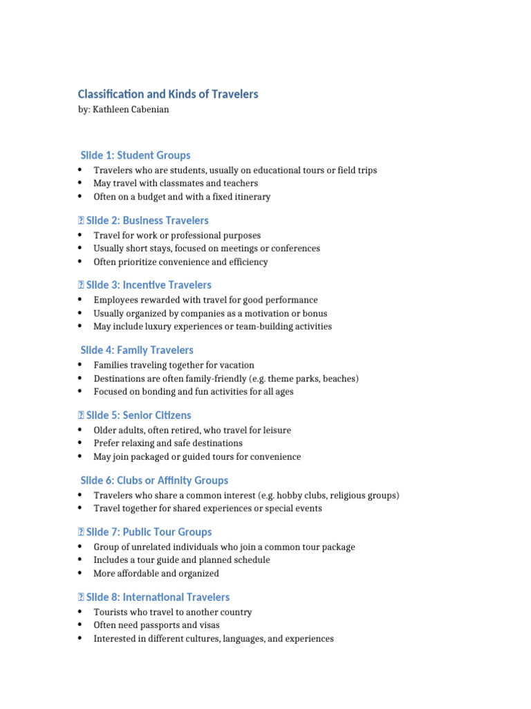 Types of Travelers in Tourism | PDF