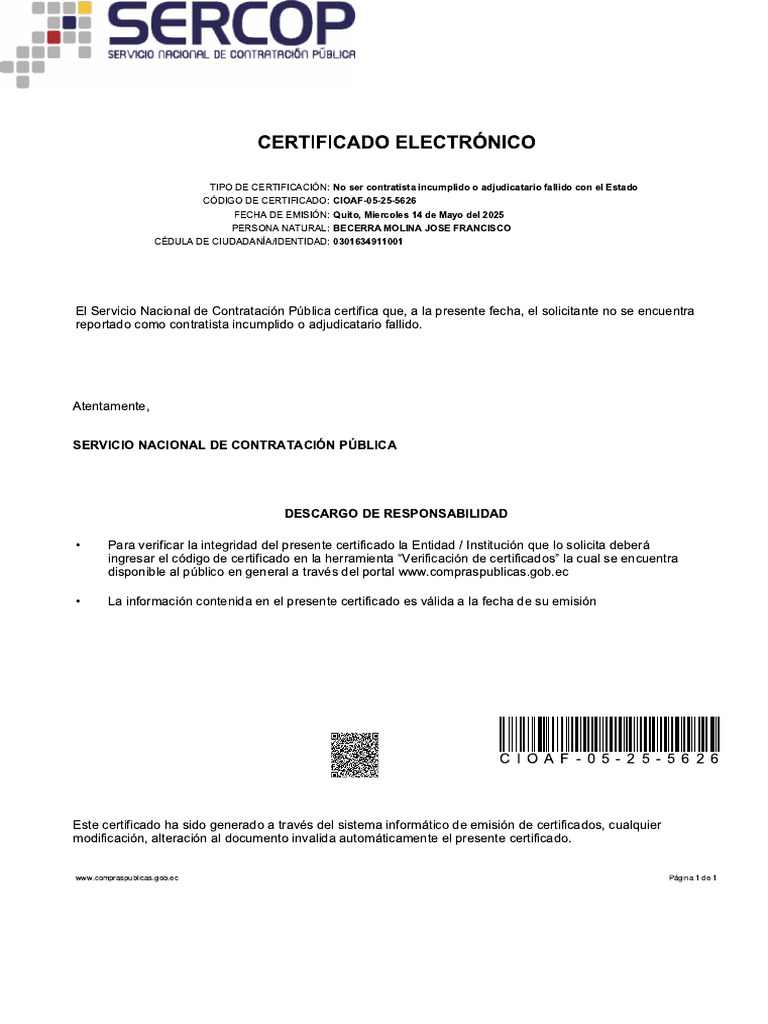 Certificado de No Ser Contratista Incumplido - PROBEARTE-signed | PDF