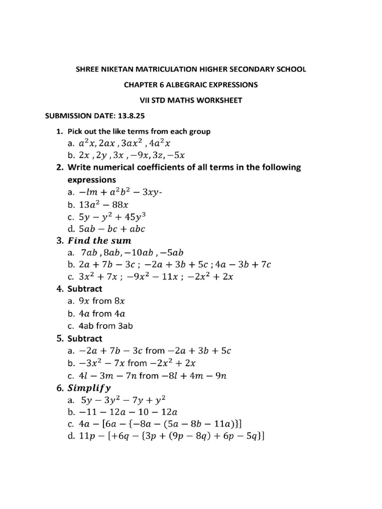 7th STD Algebra Worksheet-1 | PDF