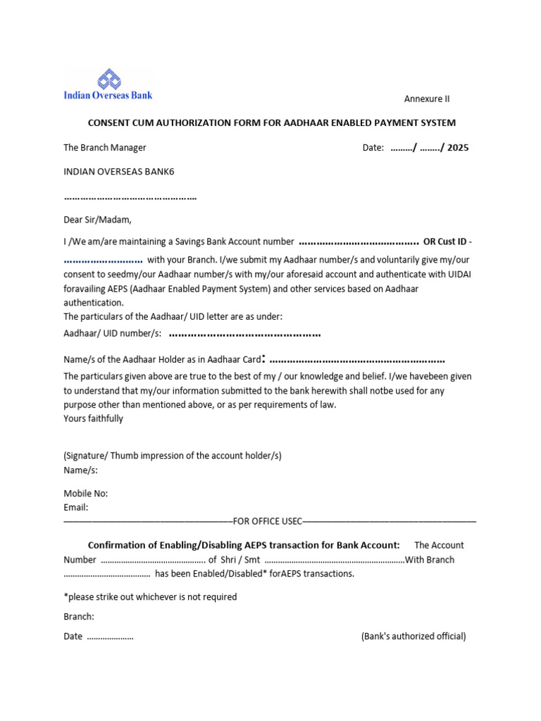 AEPS Consent Form for IOB Customers | PDF