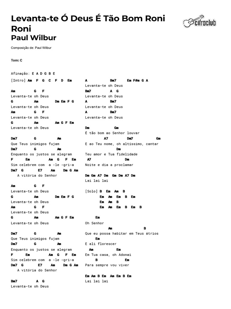 Cifra Club - Paul Wilbur - Levanta-Te Ó Deus É Tão Bom Roni Roni | PDF