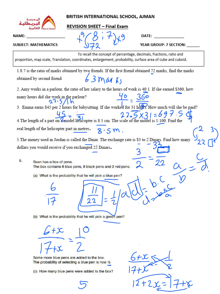 Grade 7 - Revision Worksheet | PDF