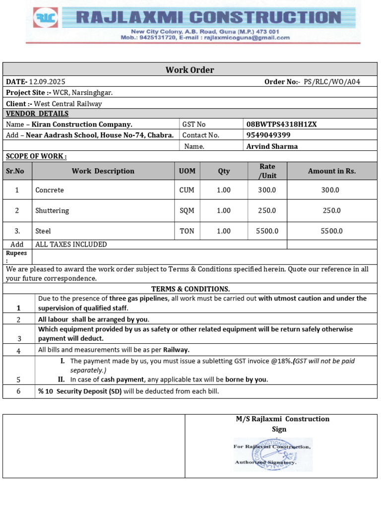 Work Order for WCR Project 2025 | PDF