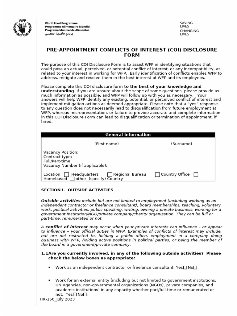 Pre-Appointment COI Disclosure Form | PDF | Conflict Of Interest ...
