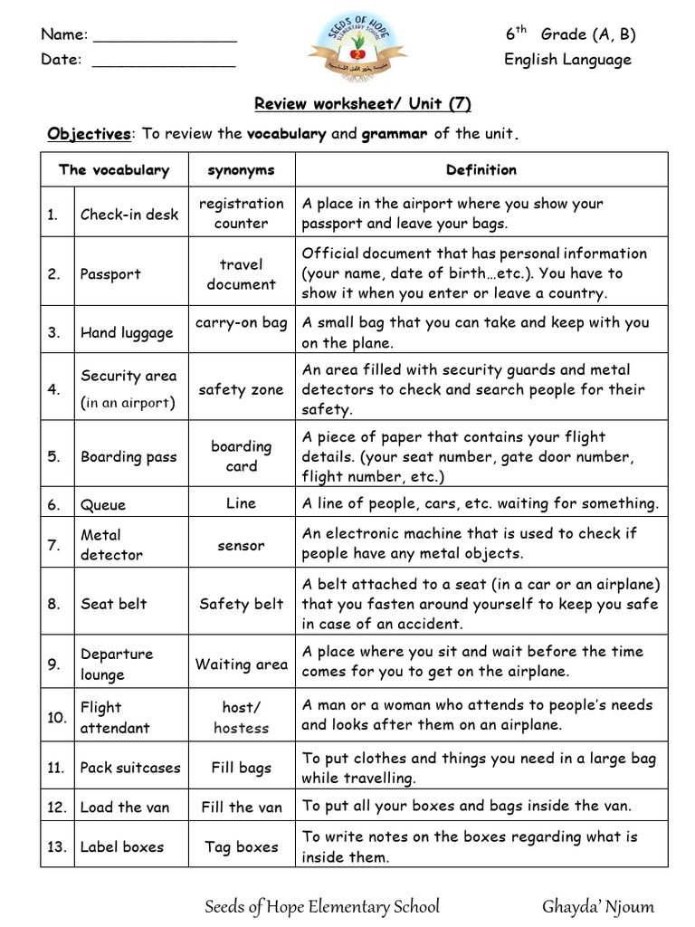 English Vocabulary and Grammar Worksheet 6th Grade Ghayda | PDF | Verb ...
