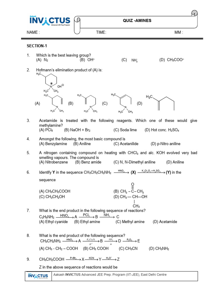 Amine Quiz for JEE Preparation | PDF | Amine | Chemical Substances
