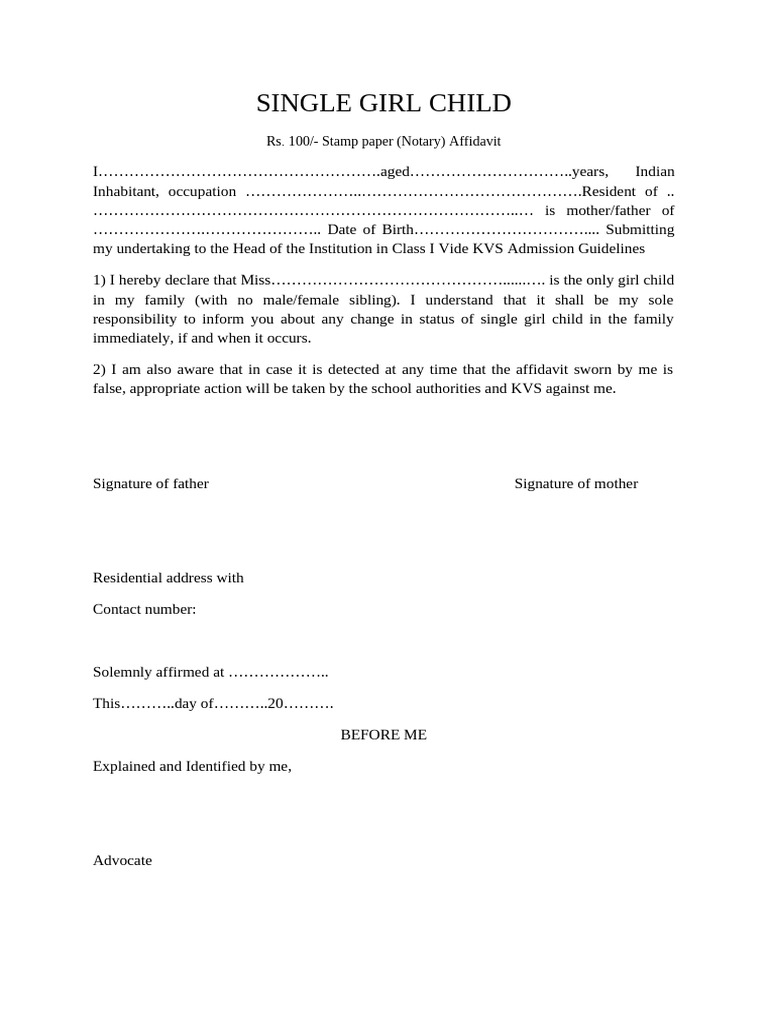 Single Girl Child Affidavit Template | PDF