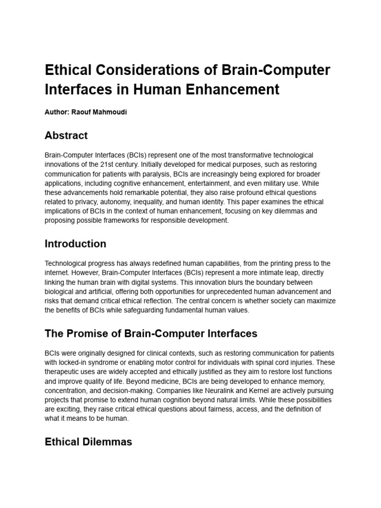 Ethical Considerations of Brain-Computer Interfaces in Human Enhancement | PDF | Privacy | Autonomy