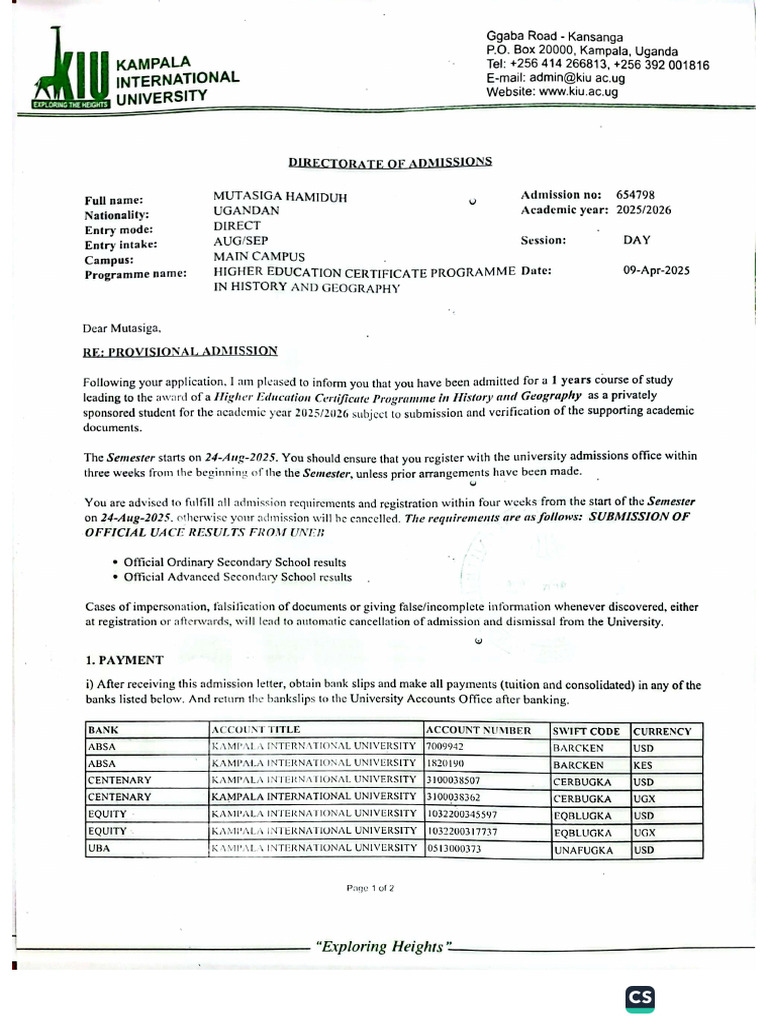 Hamiduh Kiu Admission Letter | PDF