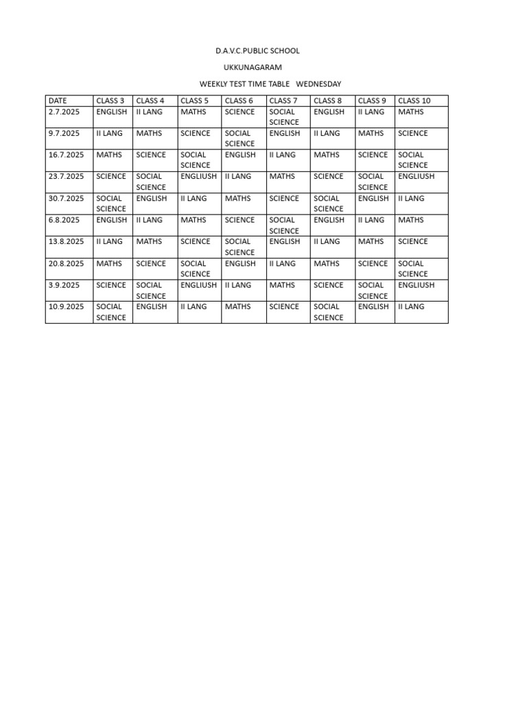 Weekly Test Time Table | PDF