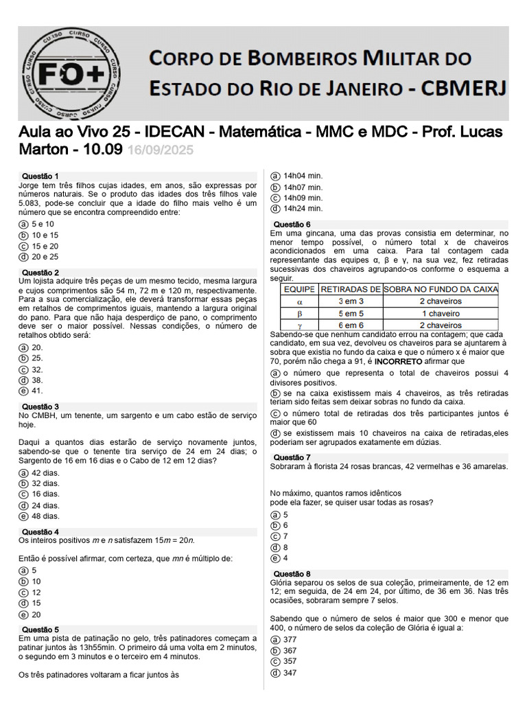 Aula Ao Vivo 25 - IDECAN - Matemática - MMC e MDC - Prof. Lucas Marton ...
